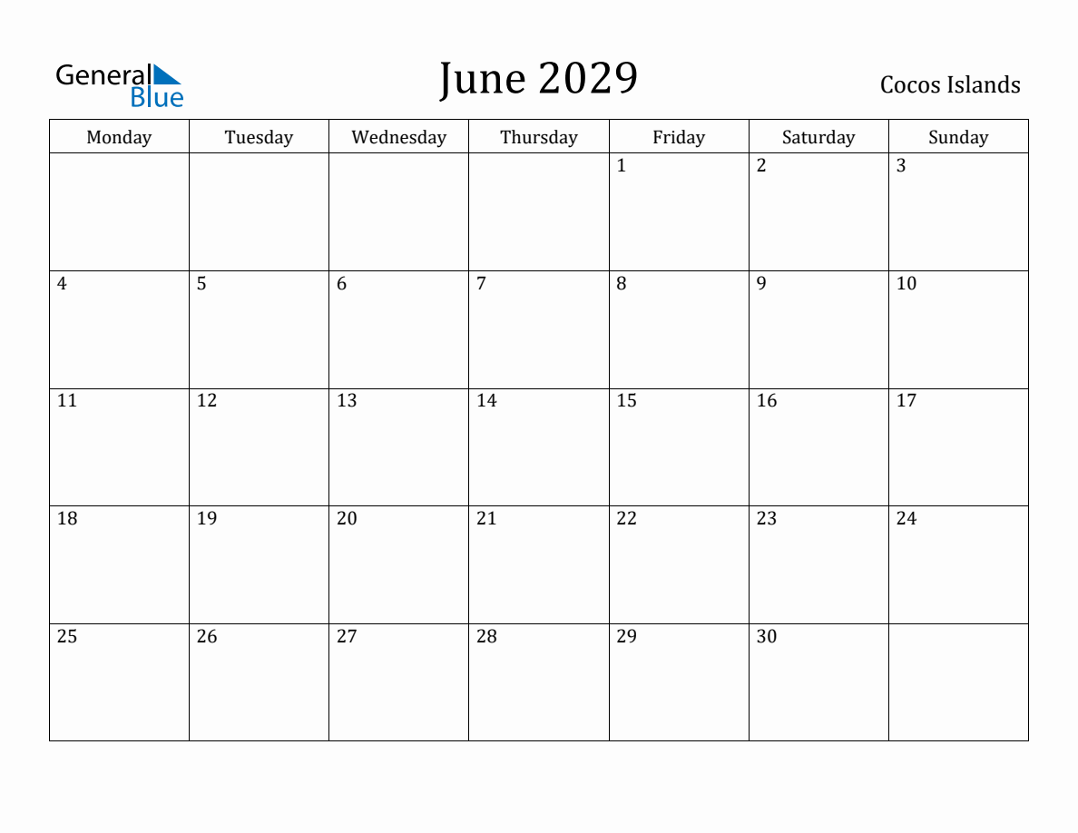 Cocos Islands Monthly Calendar - June 2029 (Monday Start)