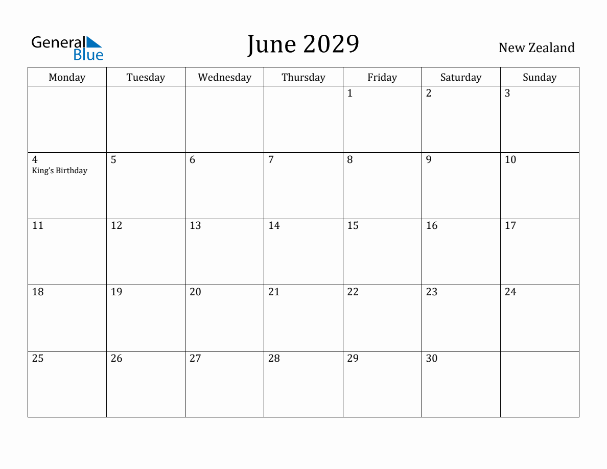 New Zealand Monthly Calendar - June 2029 (Monday Start)