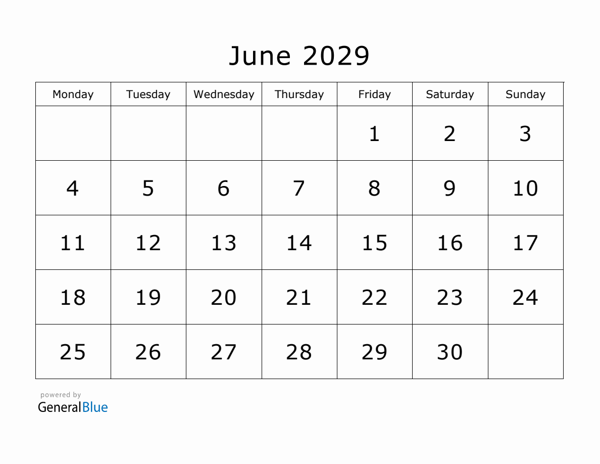 Printable June 2029 Calendar - Monday Start
