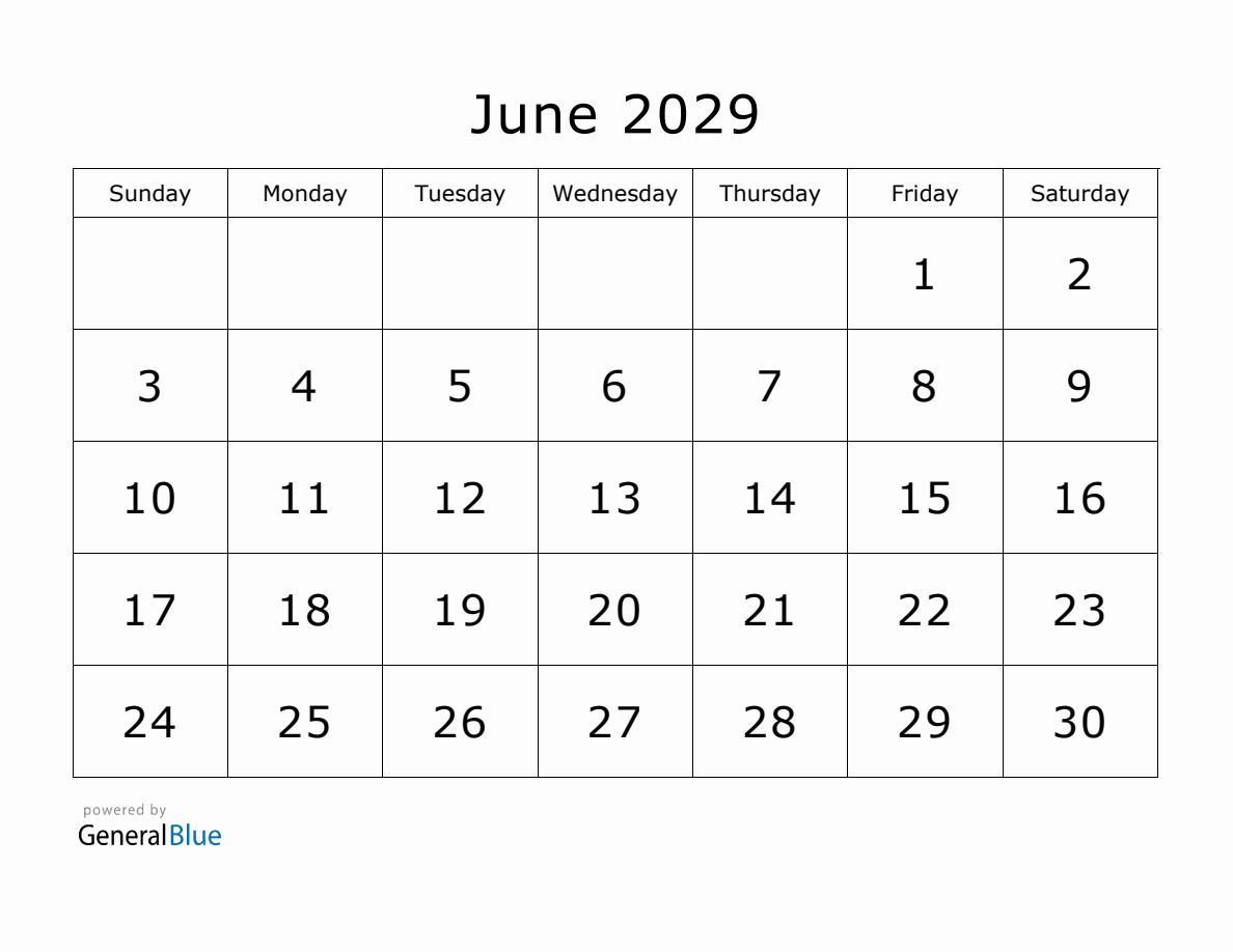 Printable June 2029 Calendar