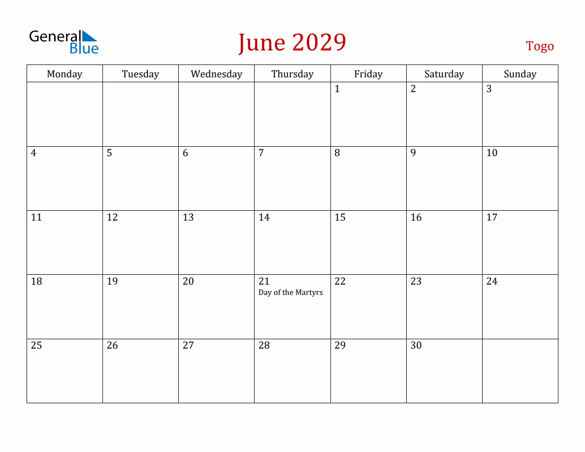 June 2029 Togo Monthly Calendar with Holidays