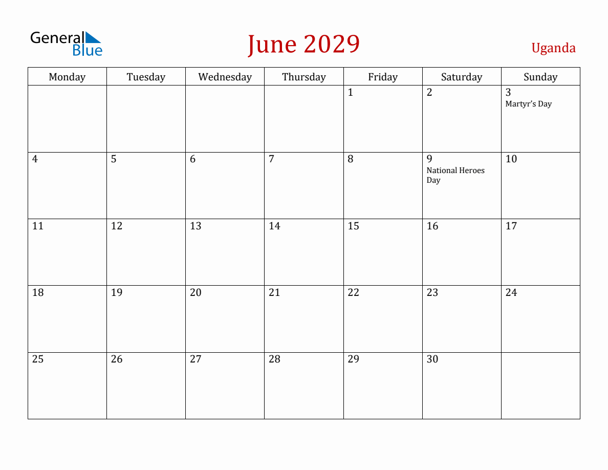 June 2029 Uganda Monthly Calendar with Holidays (Monday Start)