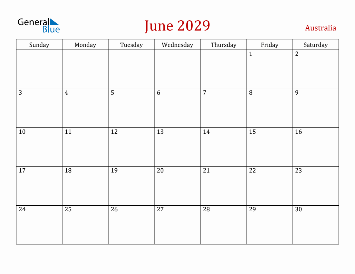 June 2029 Australia Monthly Calendar with Holidays