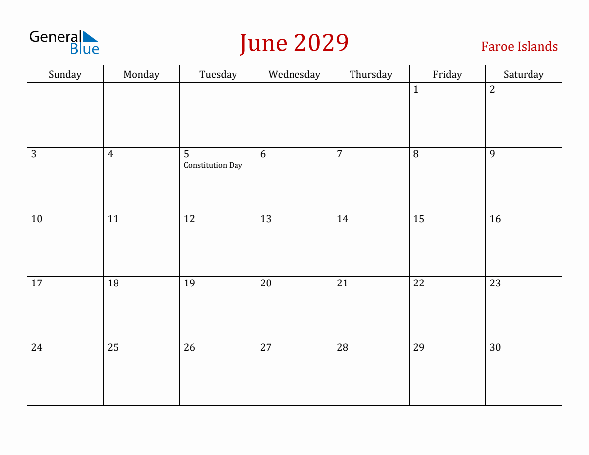 June 2029 Faroe Islands Monthly Calendar with Holidays