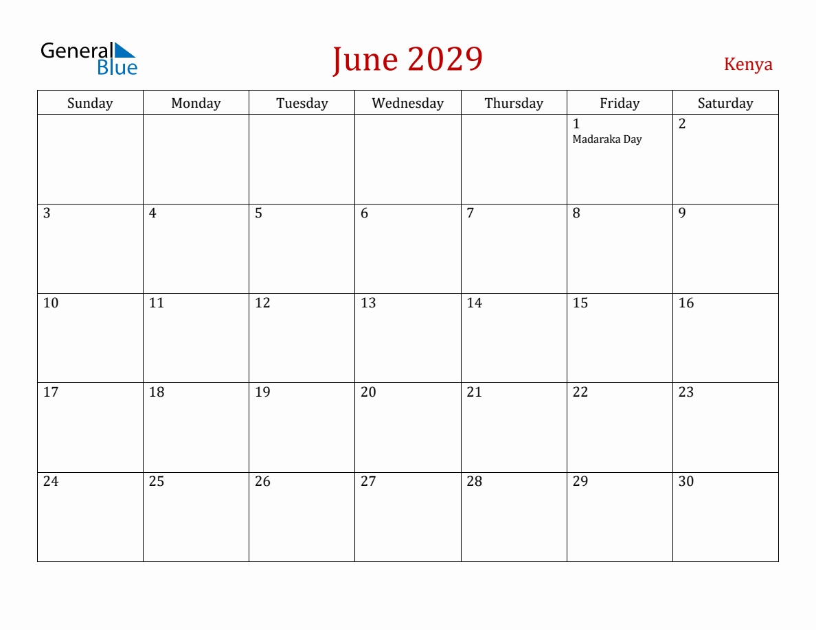 June 2029 Kenya Monthly Calendar with Holidays
