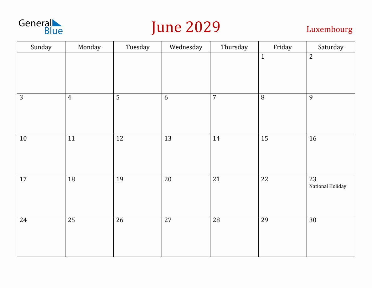 June 2029 Luxembourg Monthly Calendar with Holidays