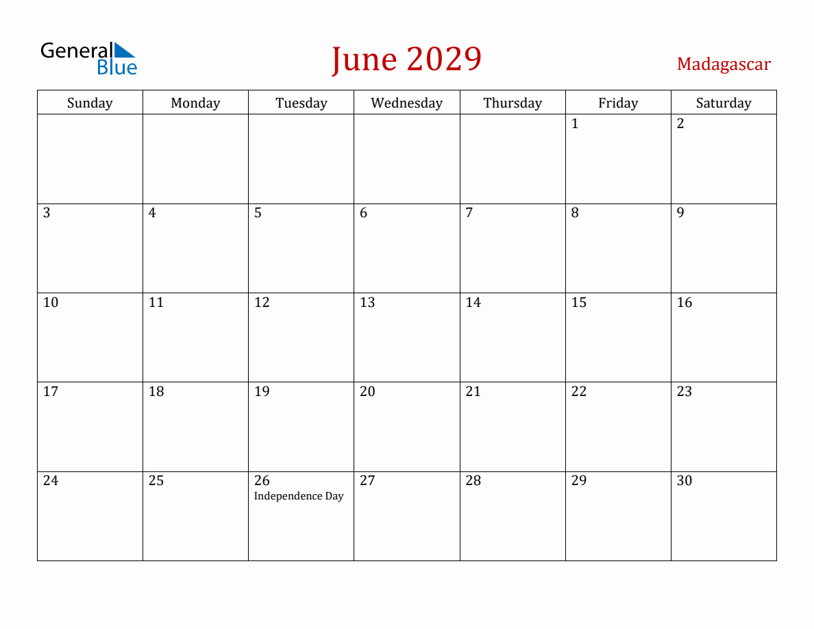 June 2029 Madagascar Monthly Calendar with Holidays
