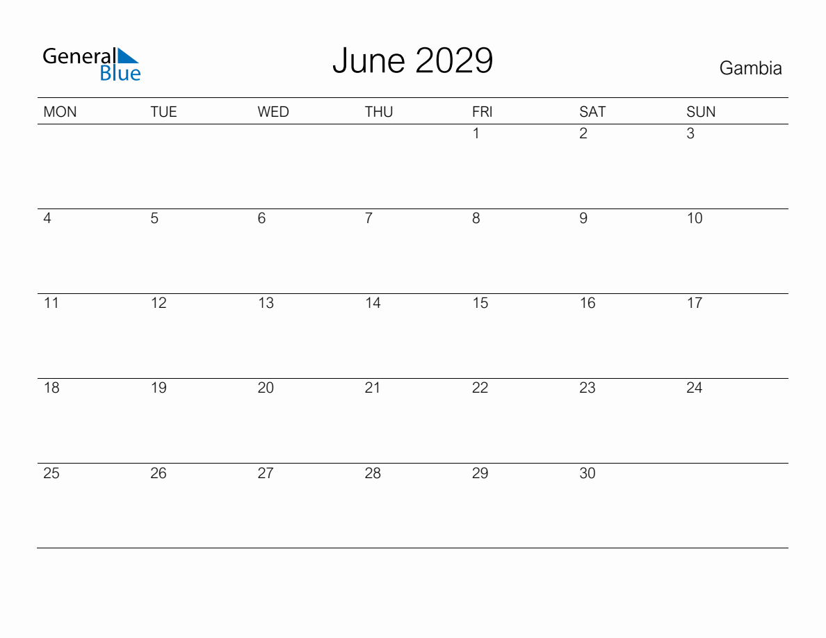 Printable June 2029 Monthly Calendar with Holidays for Gambia (Monday ...