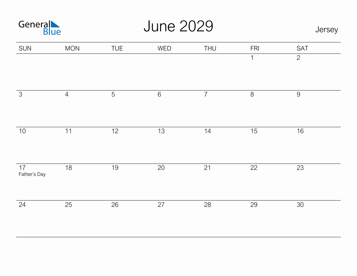 Printable June 2029 Monthly Calendar with Holidays for Jersey