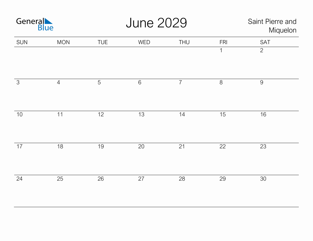 Printable June 2029 Monthly Calendar with Holidays for Saint Pierre and ...