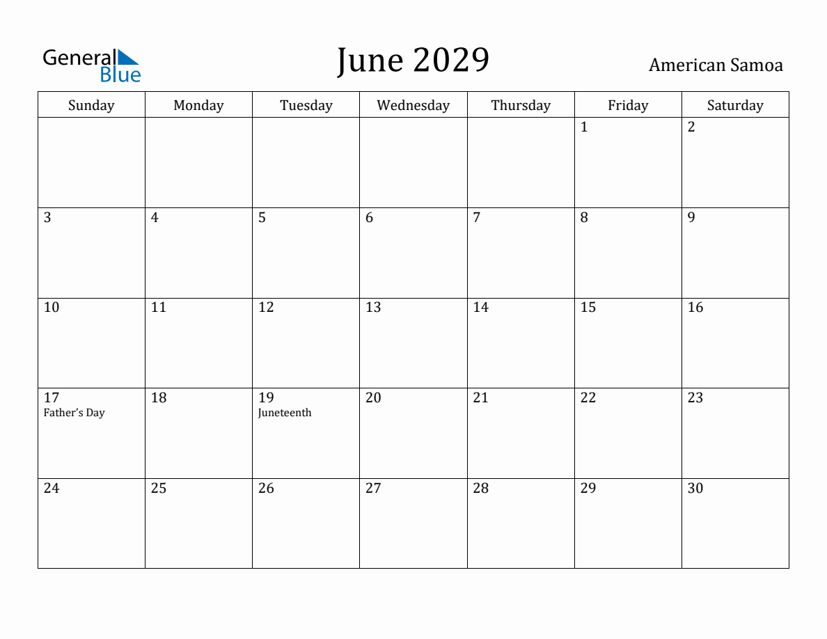 June 2029 Monthly Calendar with American Samoa Holidays