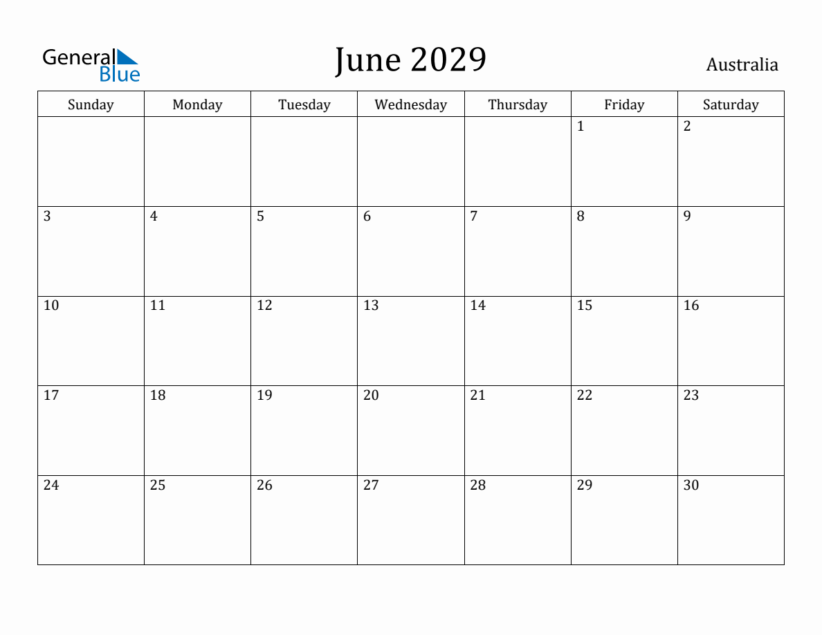 June 2029 Monthly Calendar with Australia Holidays