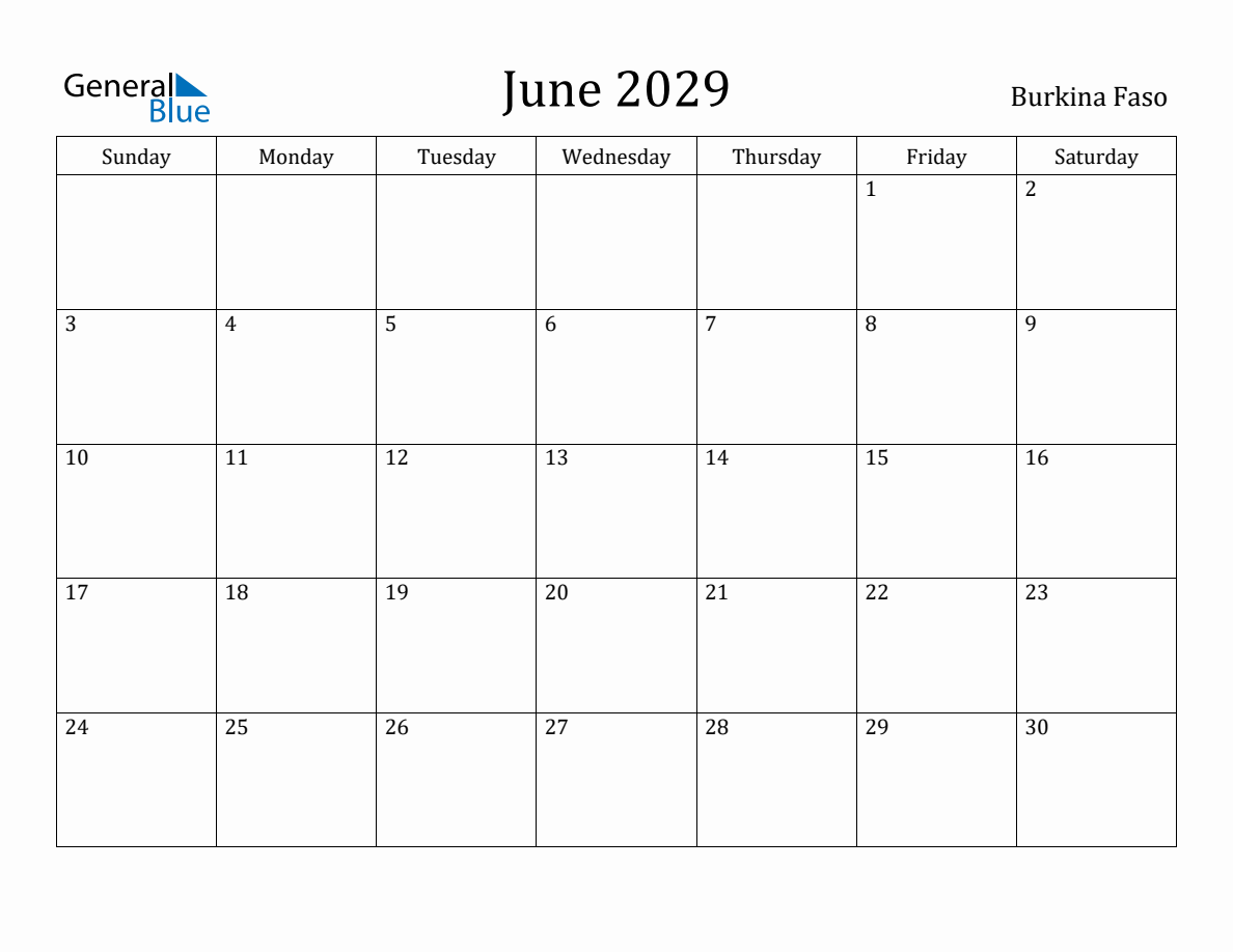 June 2029 Monthly Calendar with Burkina Faso Holidays