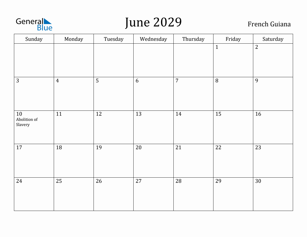 June 2029 Monthly Calendar with French Guiana Holidays