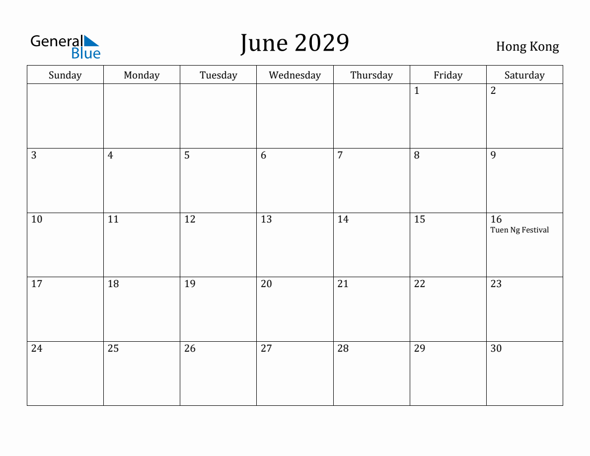 June 2029 Monthly Calendar with Hong Kong Holidays