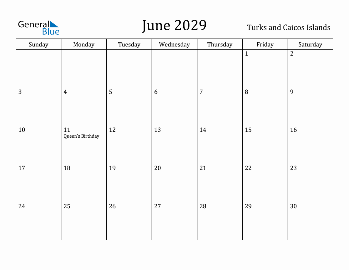 June 2029 Monthly Calendar with Turks and Caicos Islands Holidays