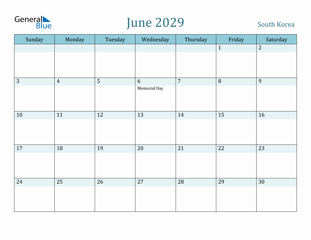 South Korea Holiday Calendar for June 2029