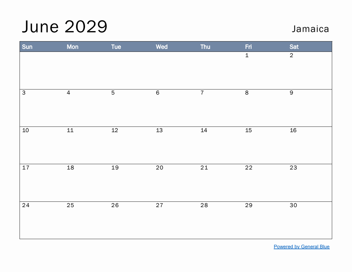 Free Monthly Calendar Template for June 2029 with Jamaica Holidays