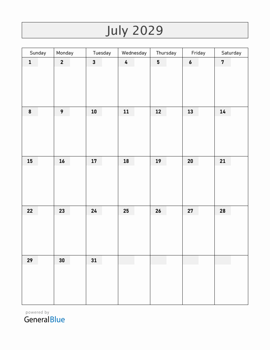 Blank July 2029 Calendar