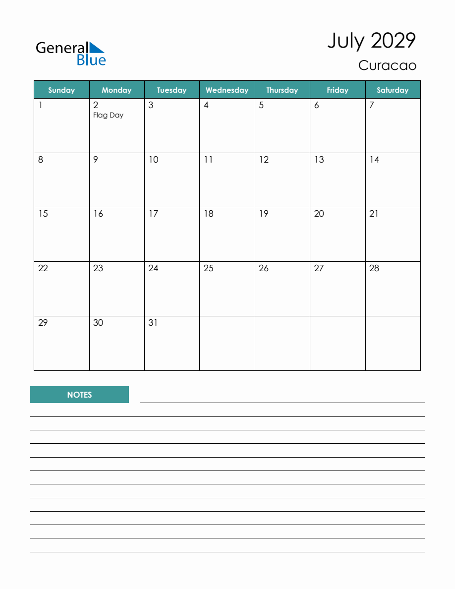 Monthly Planner with Curacao Holidays - July 2029