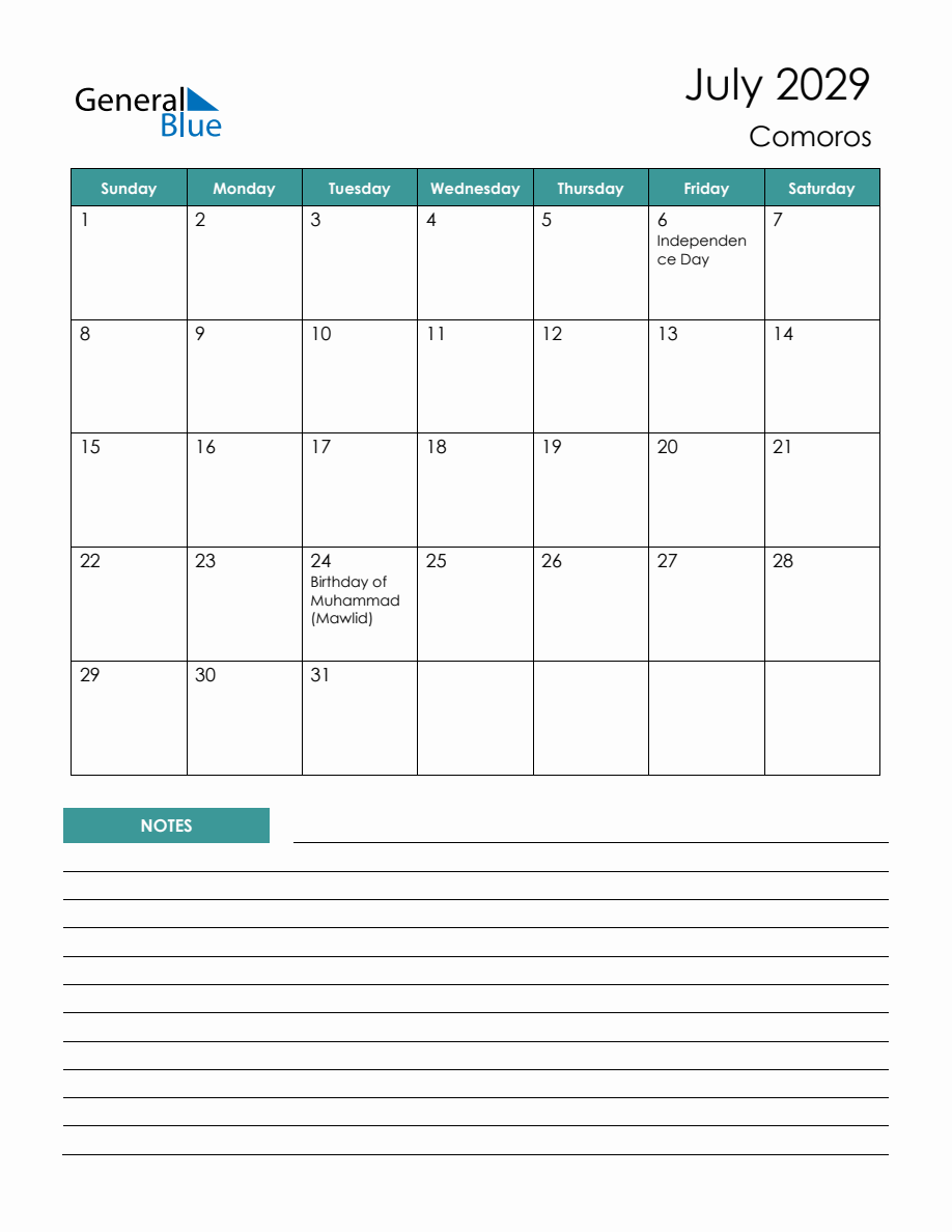 Monthly Planner with Comoros Holidays - July 2029
