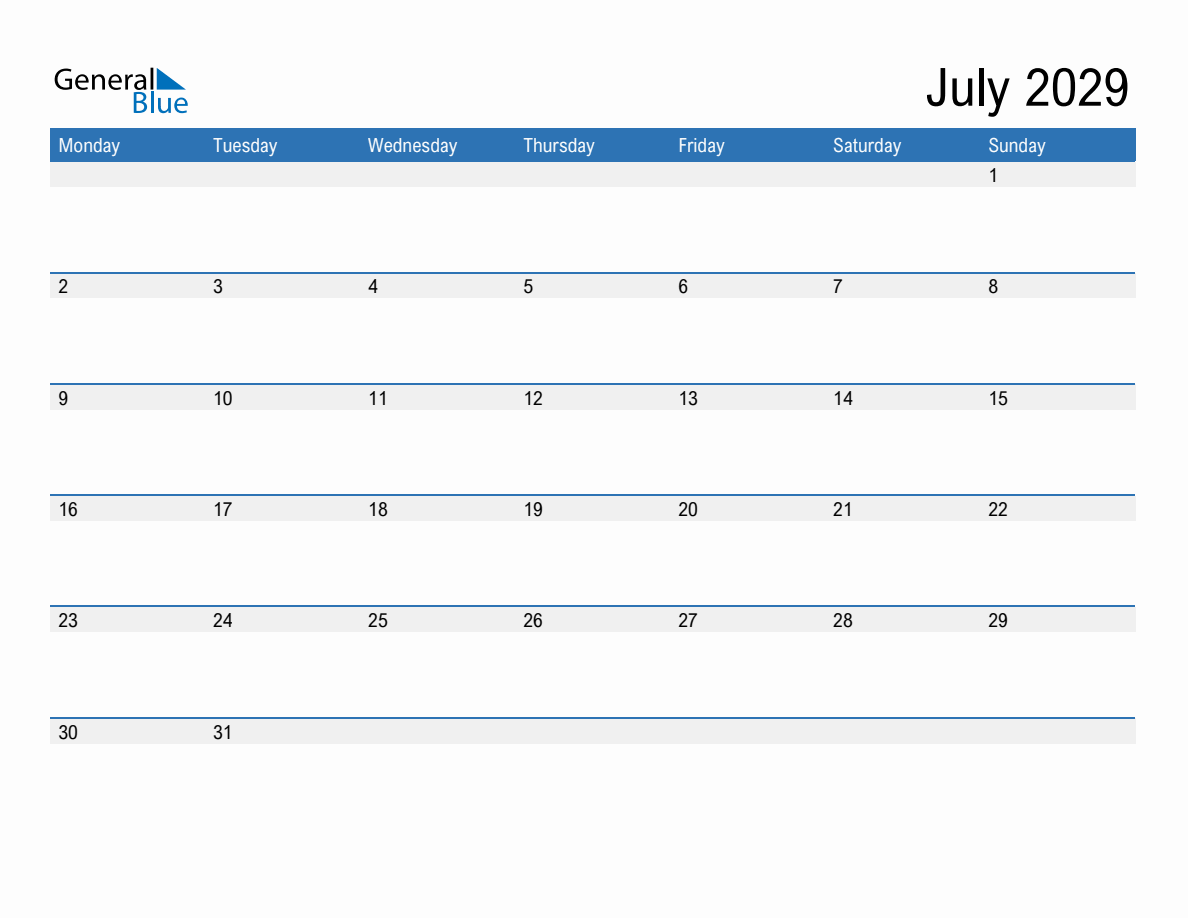 Editable Calendar Template for July 2029