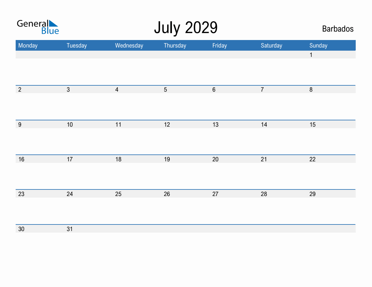 Editable July 2029 Calendar with Barbados Holidays (Monday Start)