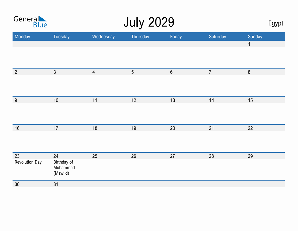 Editable July 2029 Calendar with Egypt Holidays (Monday Start)