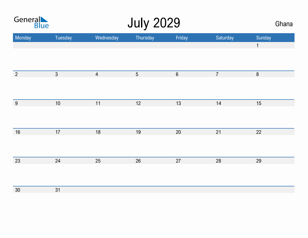Editable July 2029 Calendar with Ghana Holidays (Monday Start)