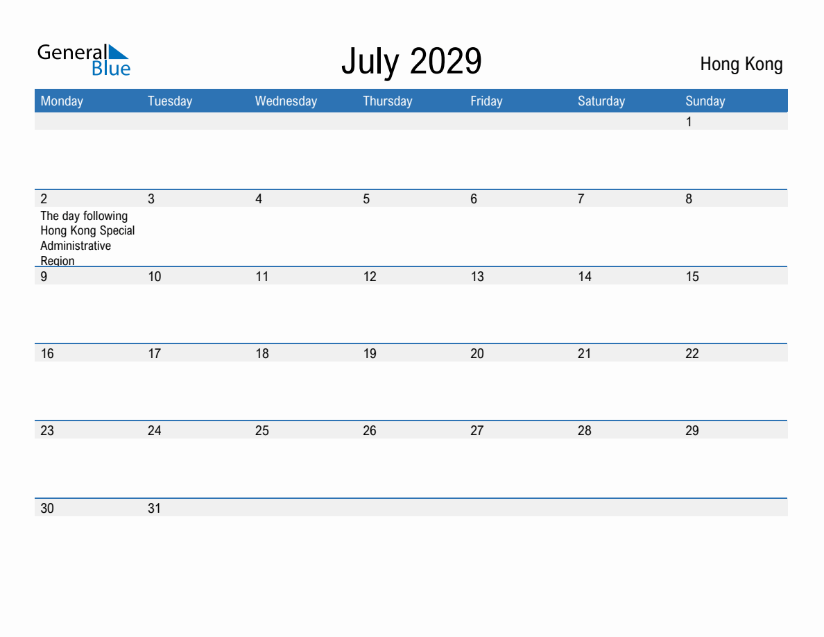 Editable July 2029 Calendar with Hong Kong Holidays (Monday Start)