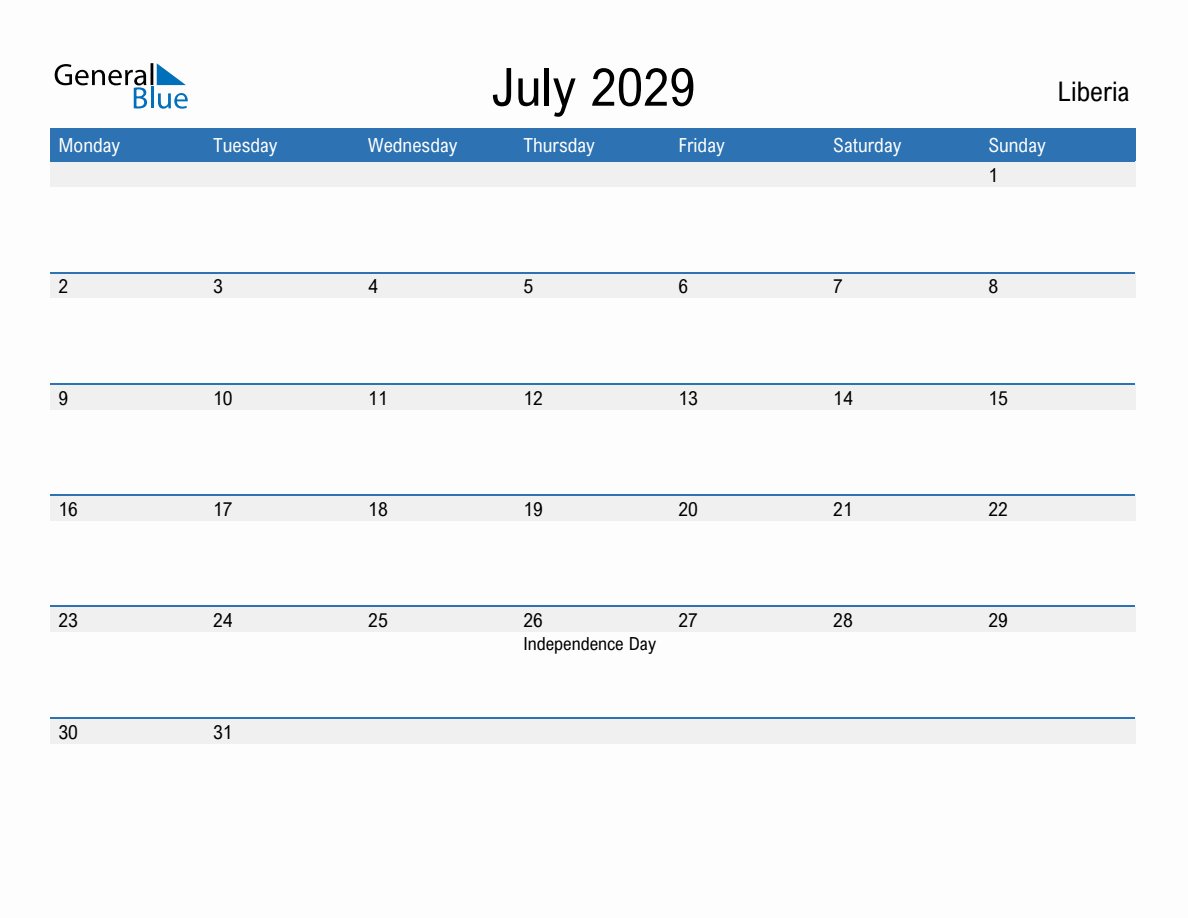 Editable July 2029 Calendar with Liberia Holidays (Monday Start)