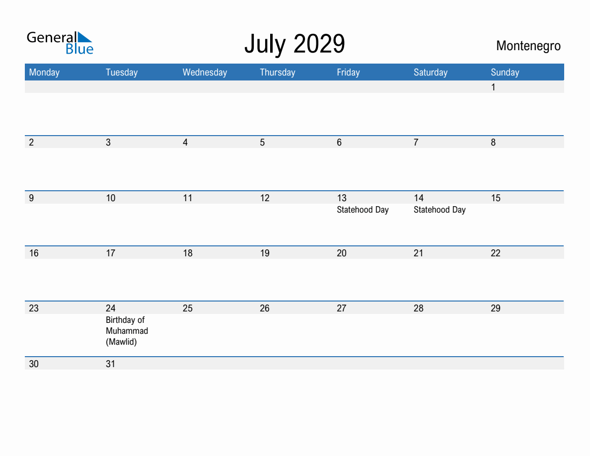 Editable July 2029 Calendar with Montenegro Holidays (Monday Start)