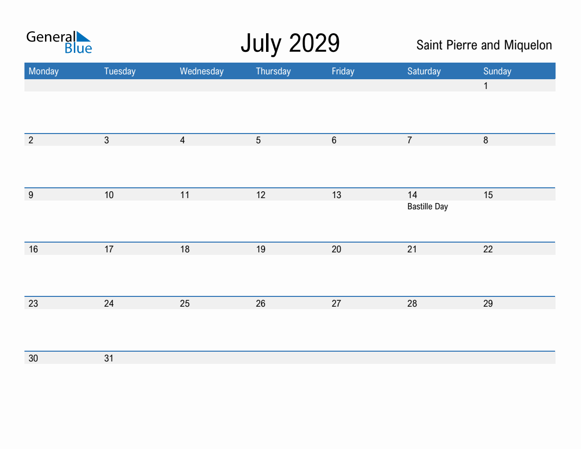 Editable July 2029 Calendar with Saint Pierre and Miquelon Holidays ...