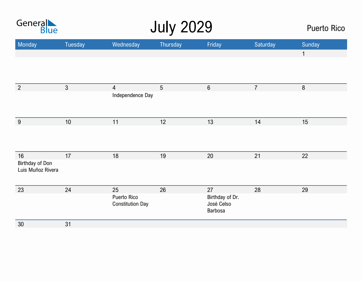 Editable July 2029 Calendar with Puerto Rico Holidays (Monday Start)