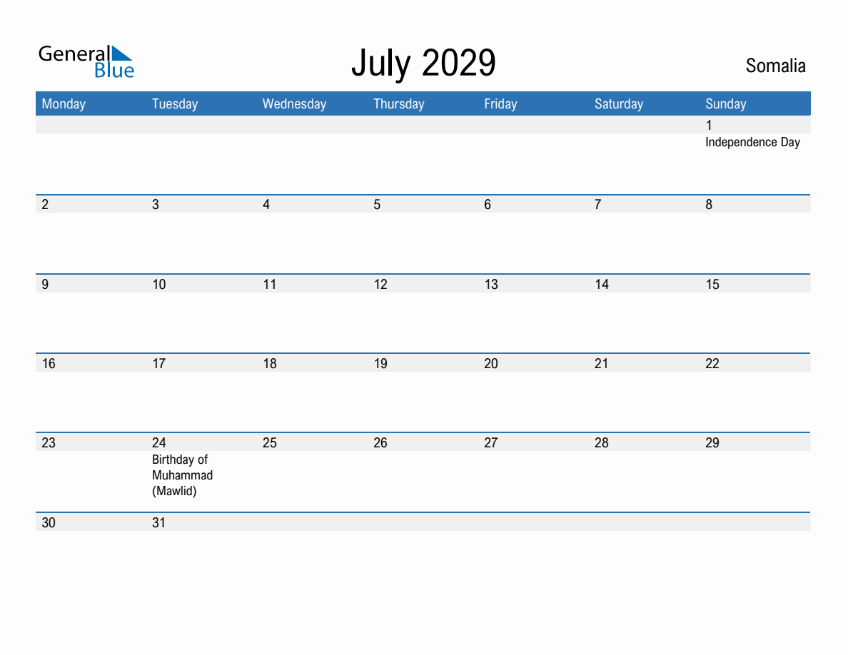 Editable July 2029 Calendar with Somalia Holidays (Monday Start)