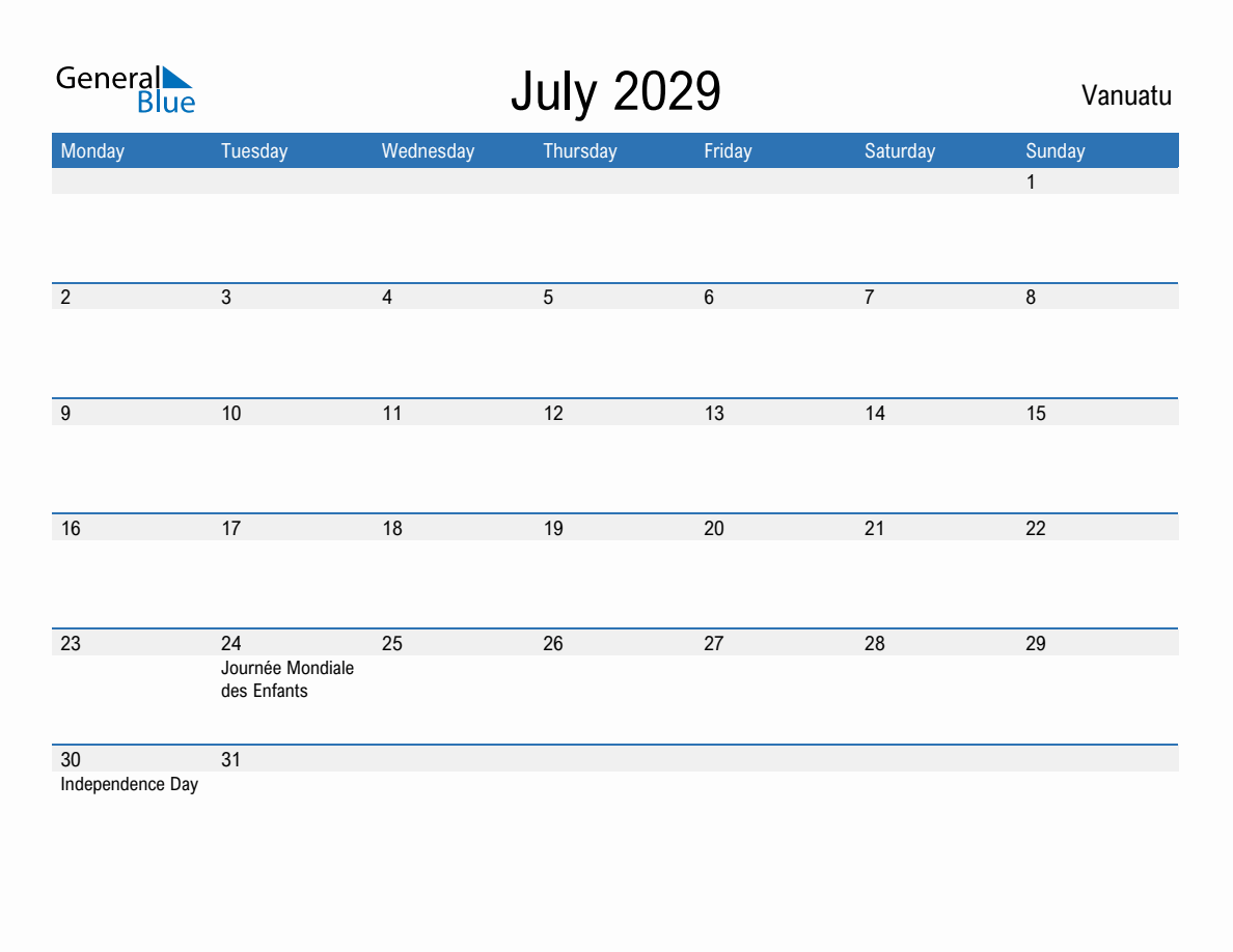 Editable July 2029 Calendar with Vanuatu Holidays (Monday Start)