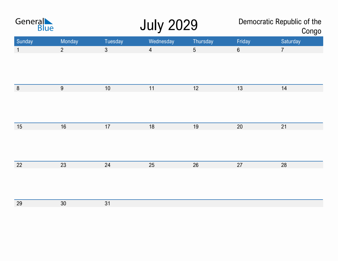 Editable July 2029 Calendar with Democratic Republic of the Congo Holidays