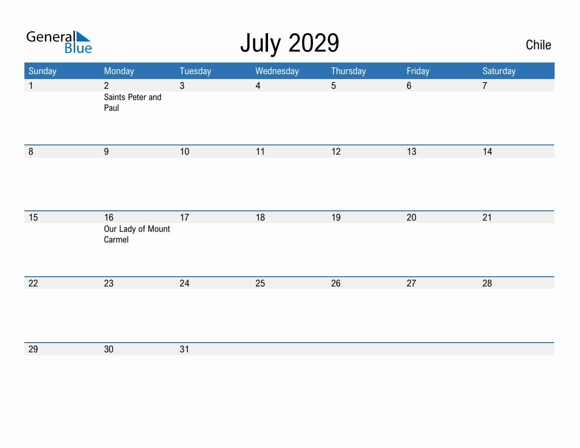 July 2029 Monthly Calendars with Chile Holidays