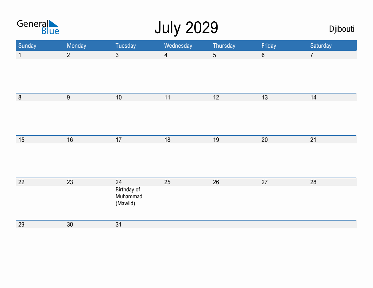 Editable July 2029 Calendar with Djibouti Holidays