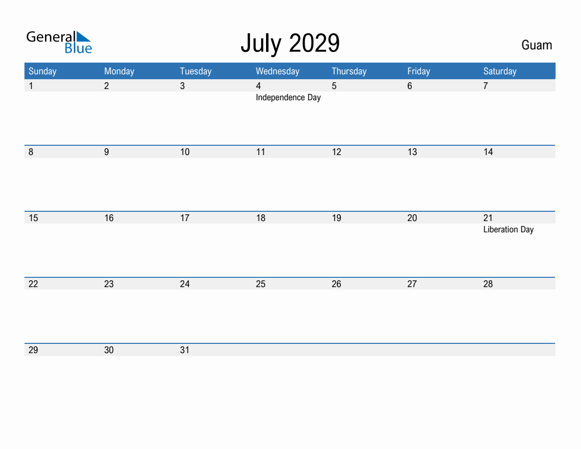 July 2029 Monthly Calendars with Guam Holidays
