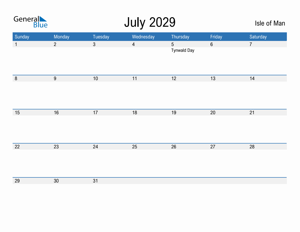 Editable July 2029 Calendar with Isle of Man Holidays