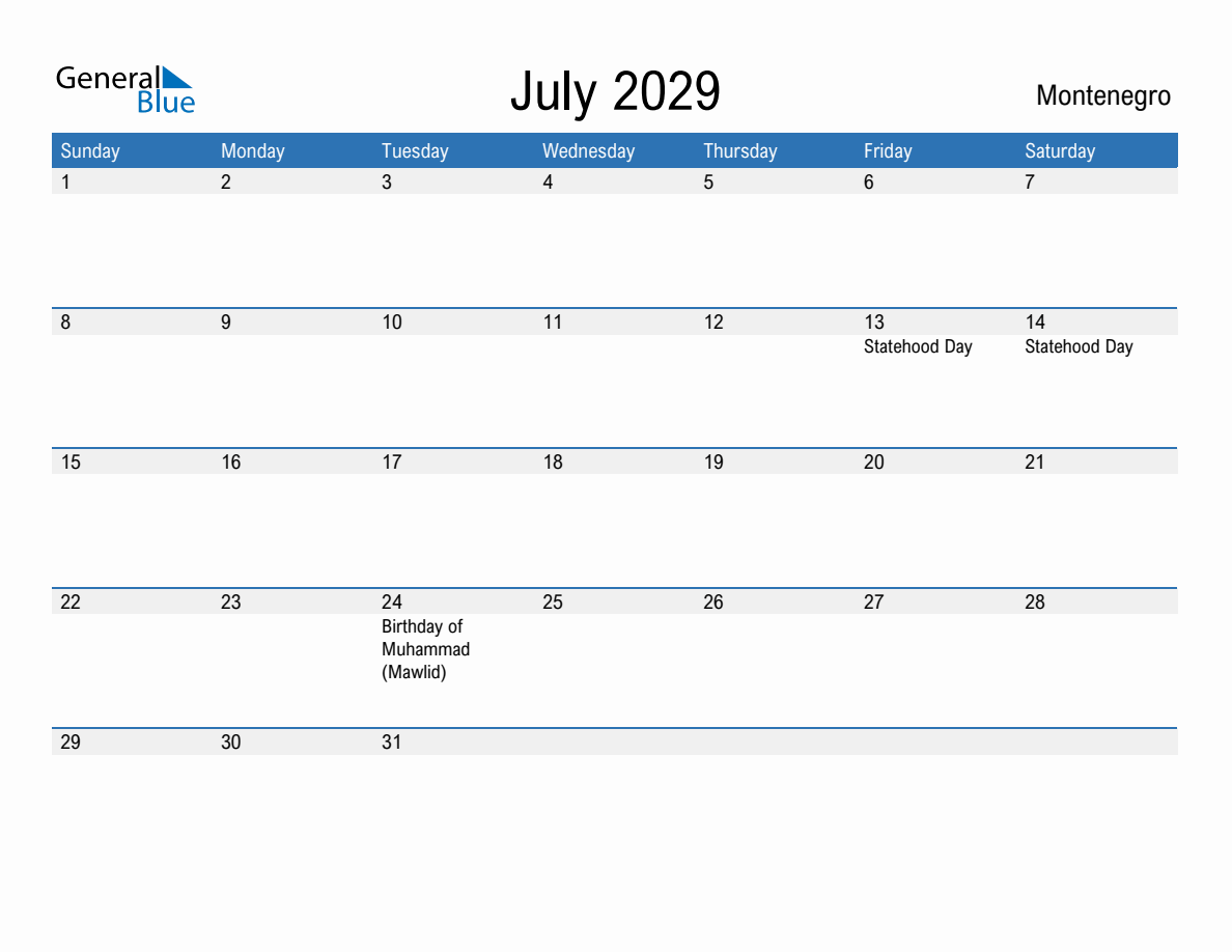 Editable July 2029 Calendar with Montenegro Holidays