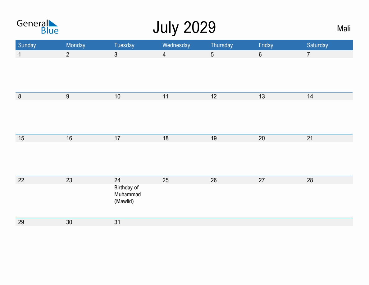 Editable July 2029 Calendar with Mali Holidays
