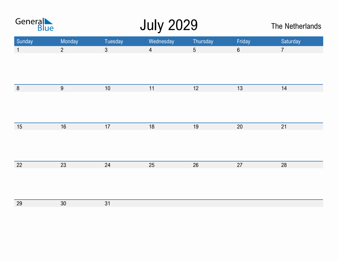 Editable July 2029 Calendar with The Netherlands Holidays