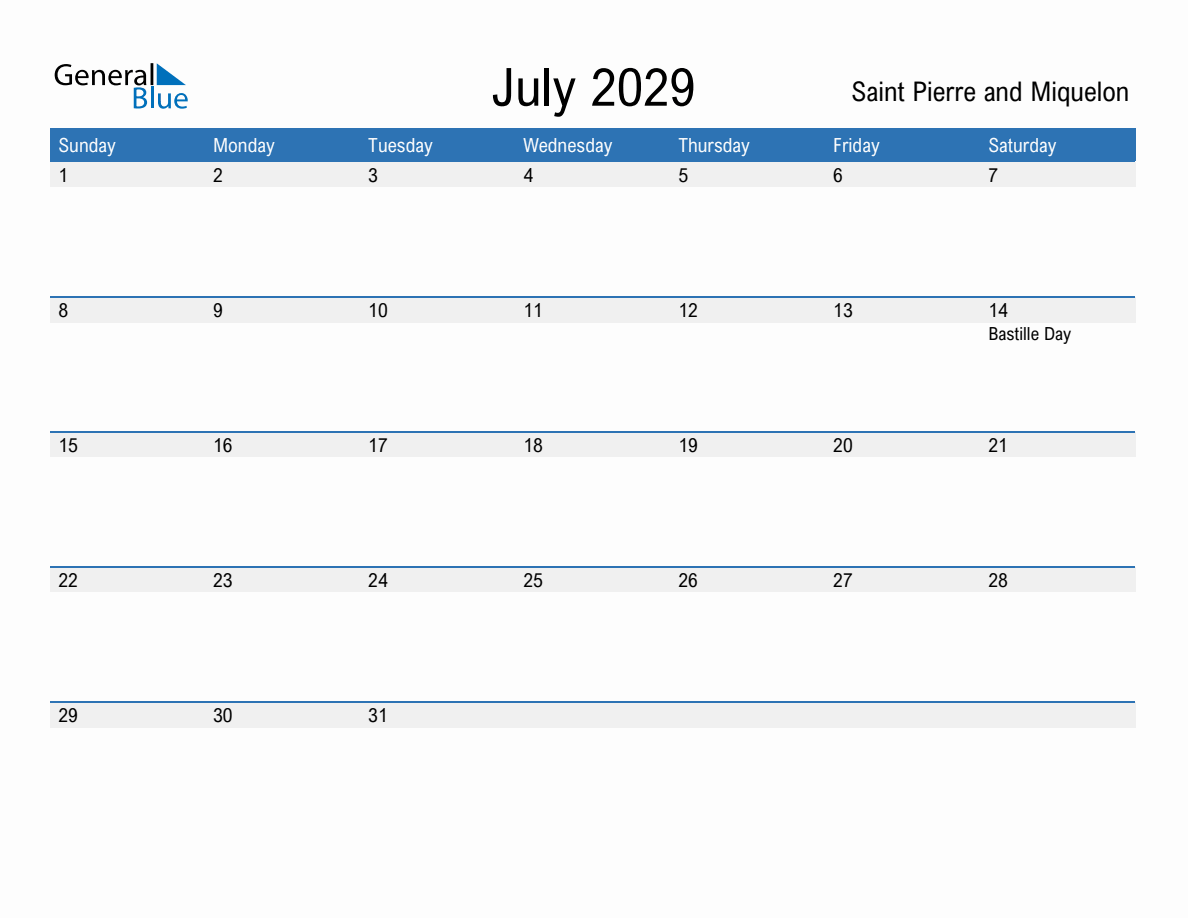 Editable July 2029 Calendar with Saint Pierre and Miquelon Holidays