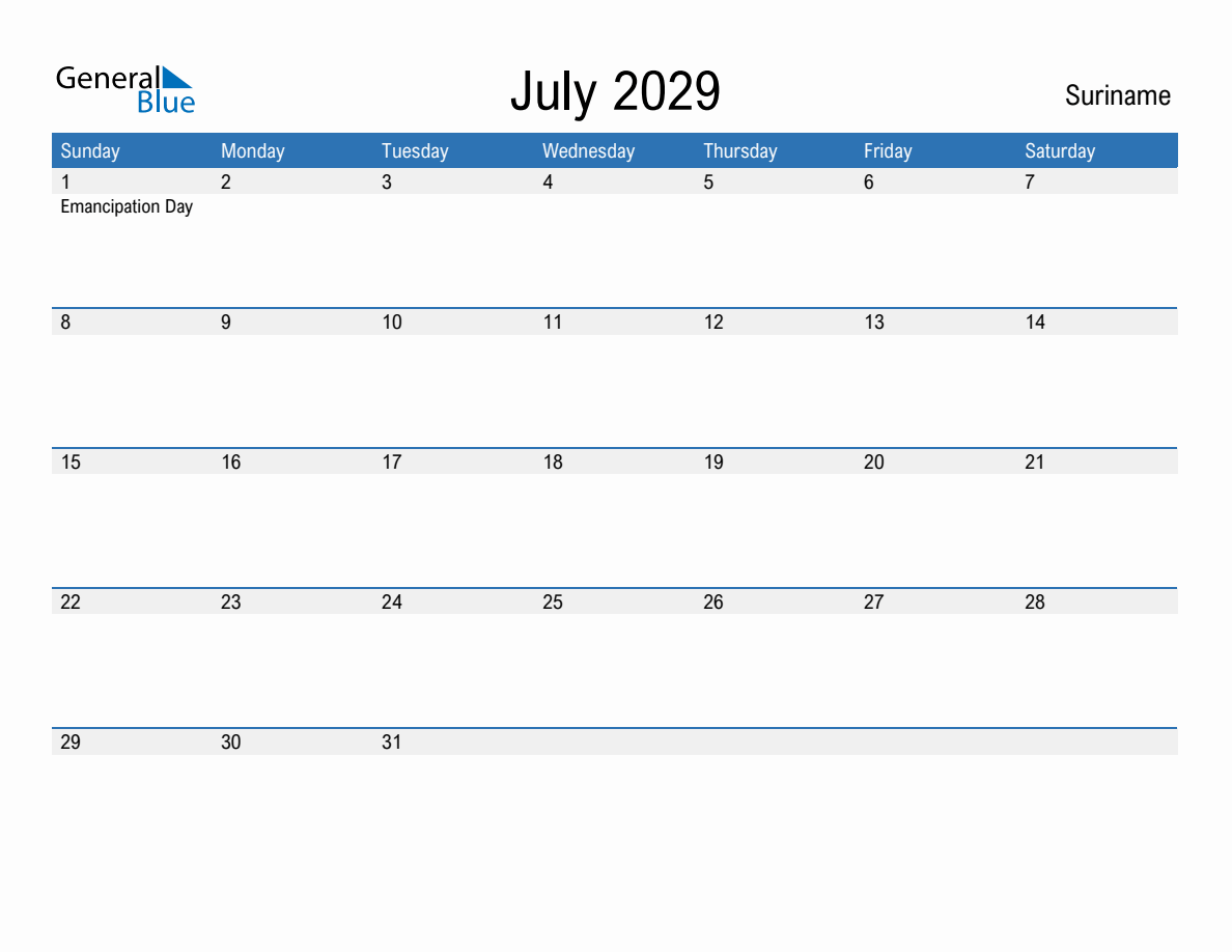 July 2029 Monthly Calendars with Suriname Holidays