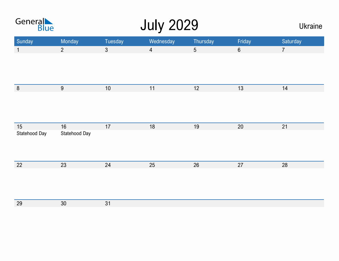 Editable July 2029 Calendar with Ukraine Holidays