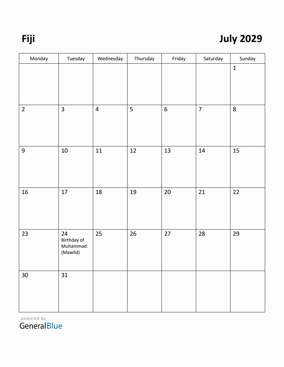 Free Printable July 2029 Calendar for Fiji (Monday Start)