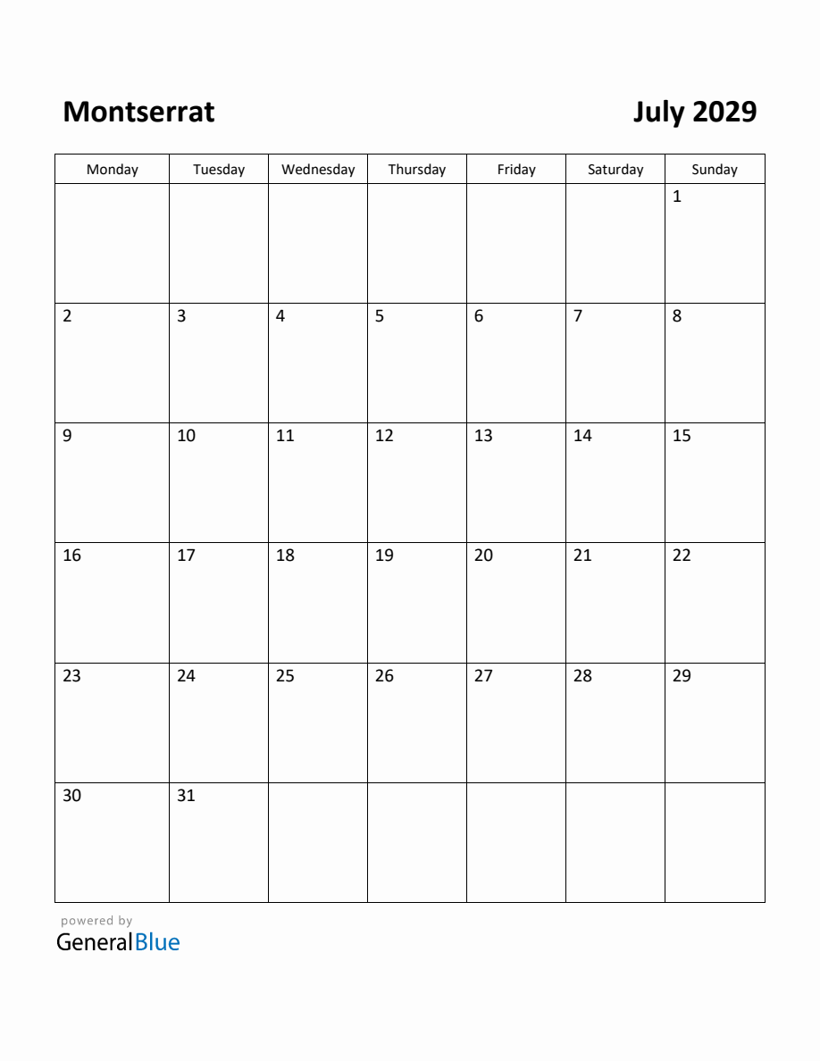 Free Printable July 2029 Calendar for Montserrat (Monday Start)