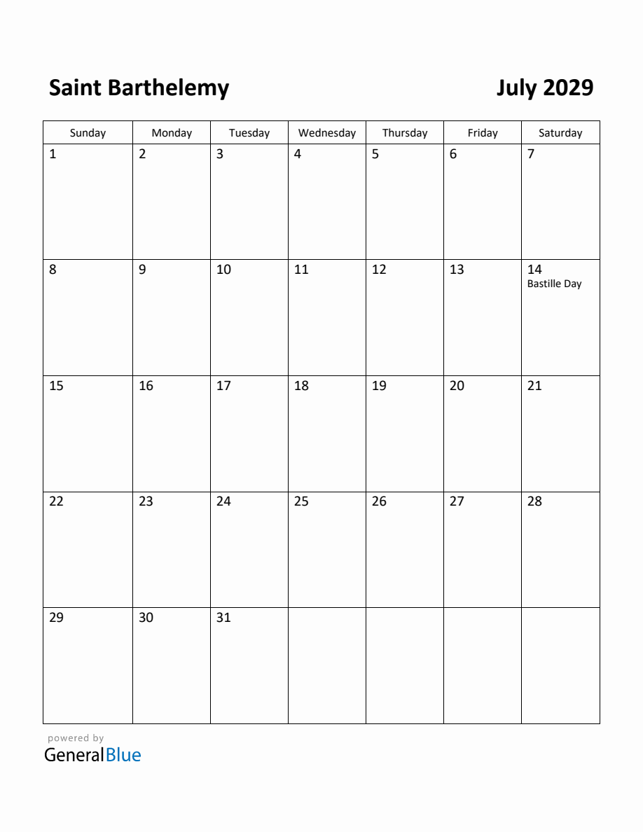 Free Printable July 2029 Calendar for Saint Barthelemy